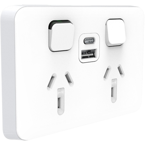 Clipsal Iconic Double Powerpoint 10A with USB A+C Type | 3025USBAC-VW